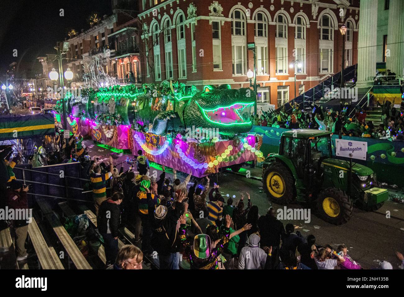 Paradegoers are seen at the Krewe of Bacchus Parade during Mardi Gras ...