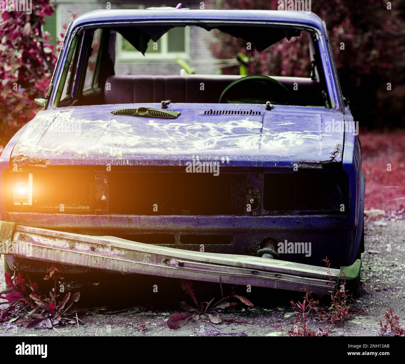 Disassembled abandoned car. Wreck of the car in the bushes. Abandoned ...