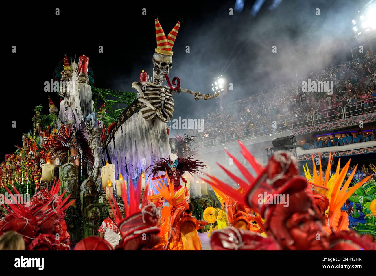 Performers from the Salgueiro samba school parade on a float during ...