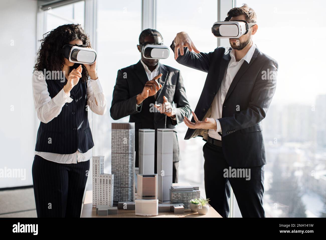 VR, business meeting conference. Multiethnic male and female business ...