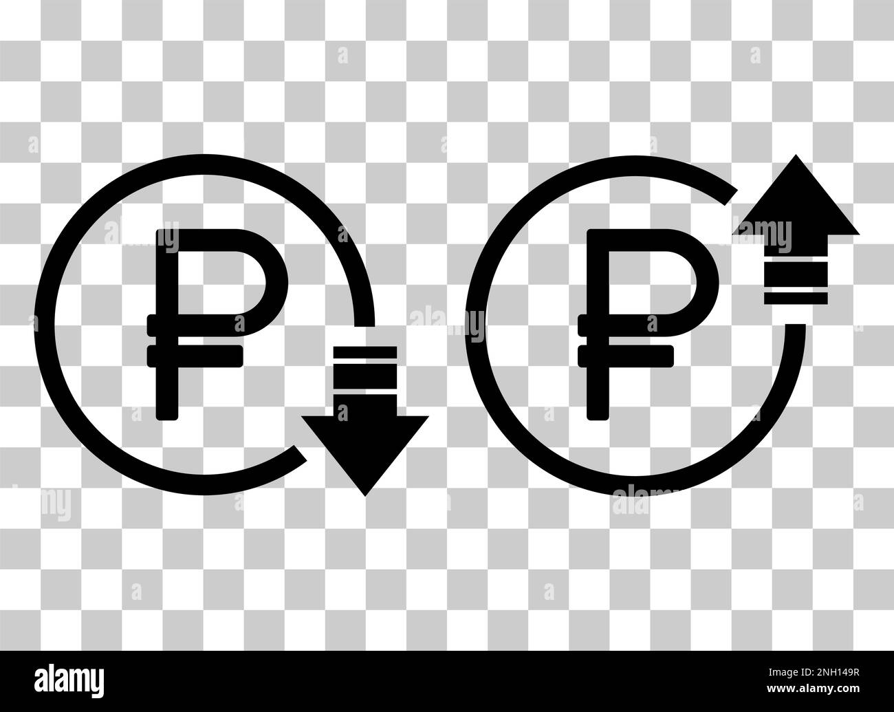 Set of cost symbol ruble increase and decrease icon. Money vector symbol isolated on background ...