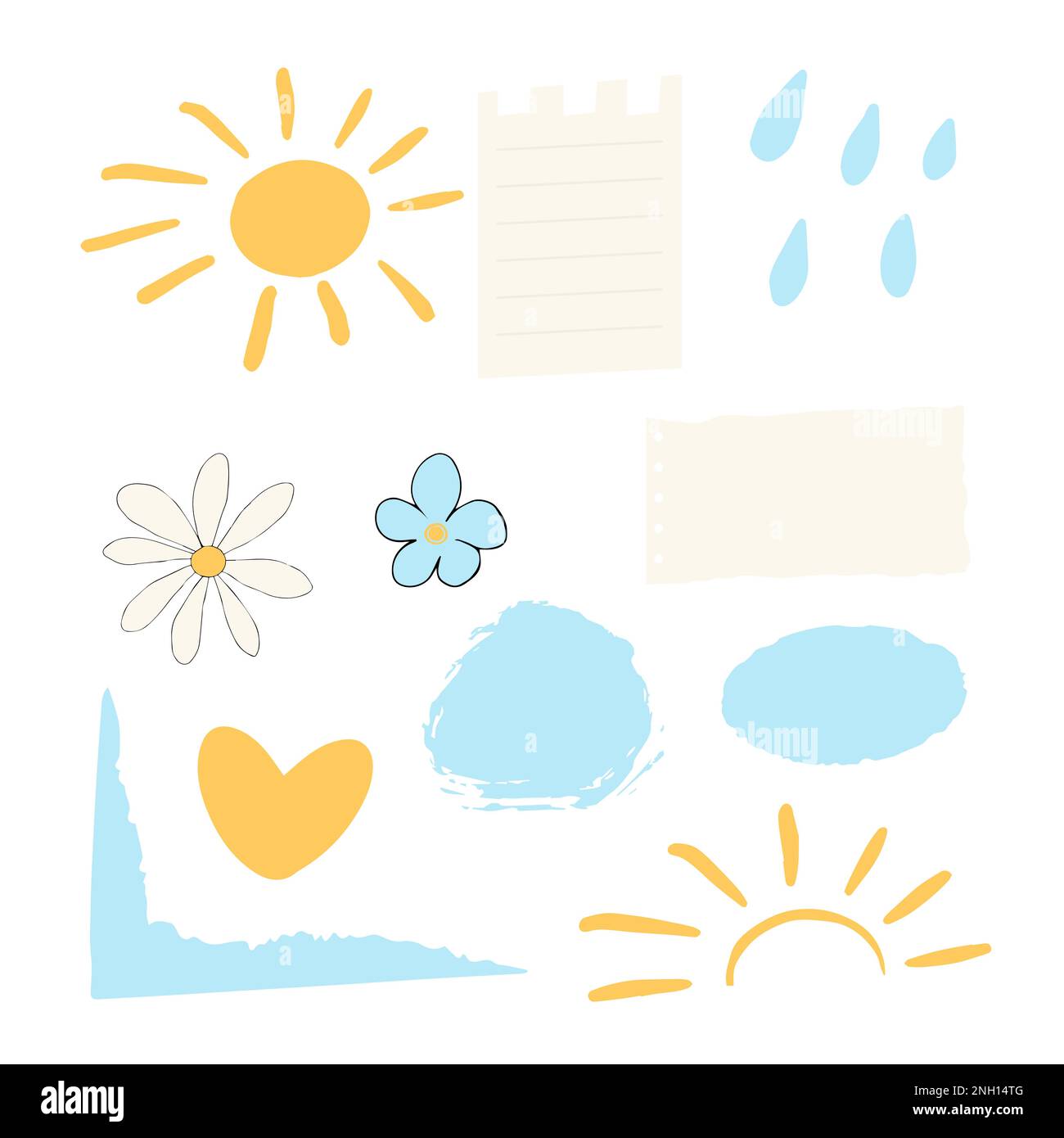Set doodle ink, brush design elements with flowers,sun, rain drops ...
