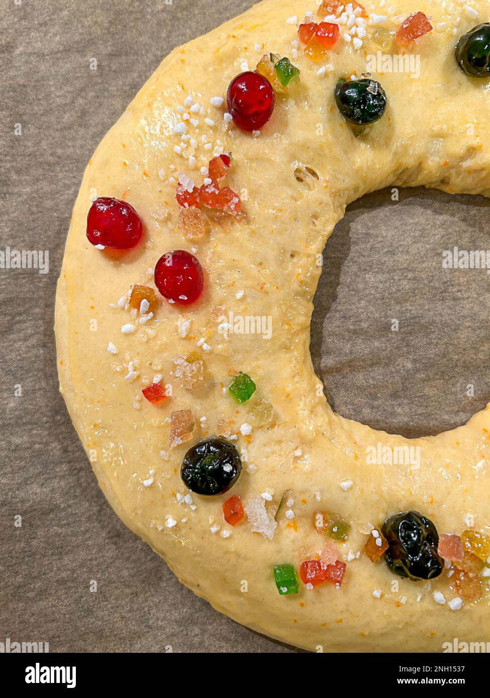 Three kings cake, traditional Christmas bun in Spain. The cooking ...