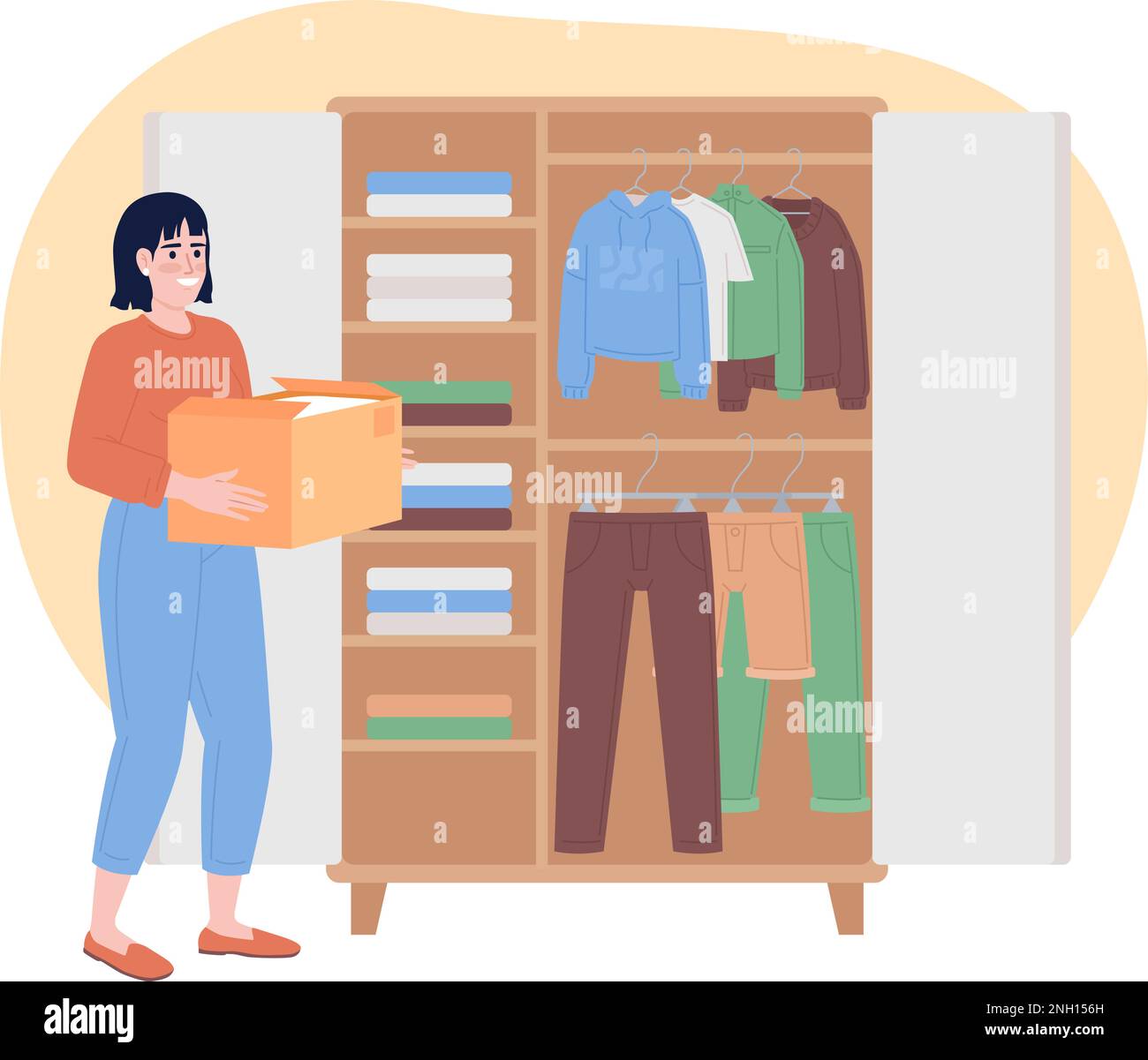 Organizing clothes on shelves in closet 2D vector isolated spot ...
