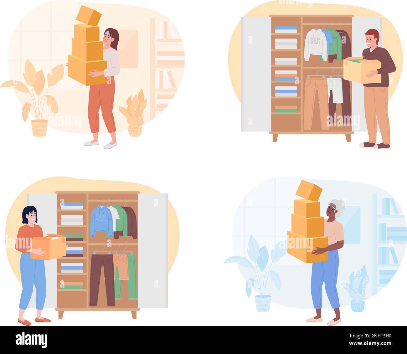 Decluttering clothes in wardrobe 2D vector isolated spot illustration ...