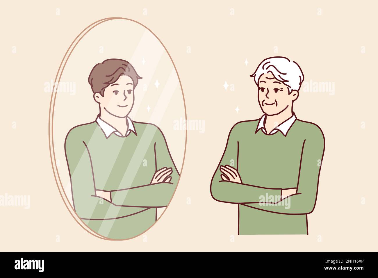 Elderly man stands in front of mirror and sees himself as young guy ...