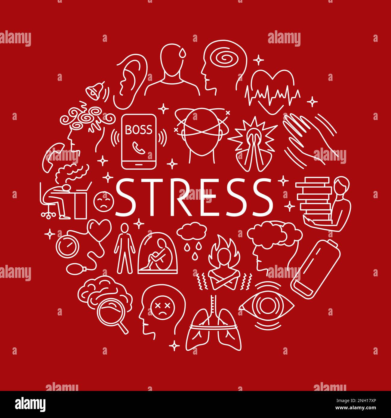 Round banner with stress symptoms and causes in line style. Vector ...