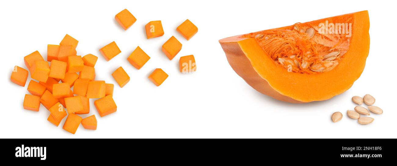 butternut squash or pumpkin diced isolated on white background with ...