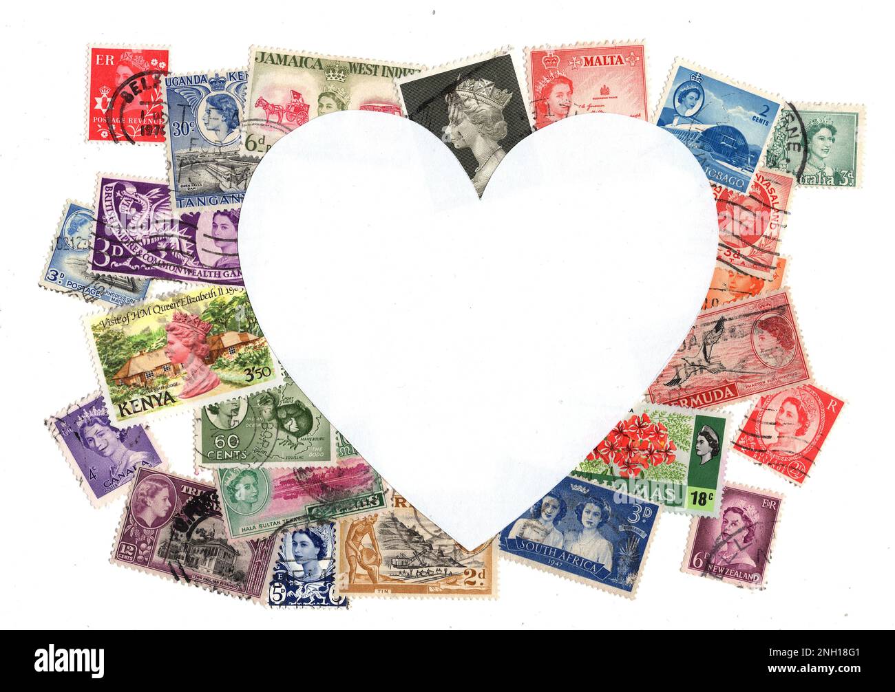 Vintage postage stamps from around the world in the shape of a heart ...