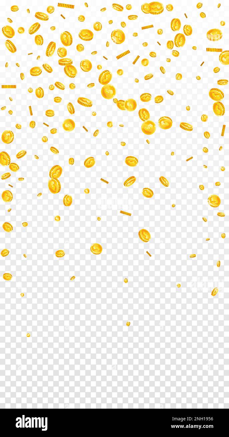 American dollar coins falling. Scattered gold USD coins. USA money ...