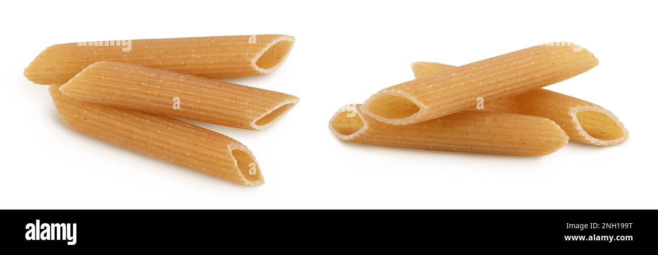 Wolegrain penne pasta from durum wheat isolated on white background with full depth of field ...