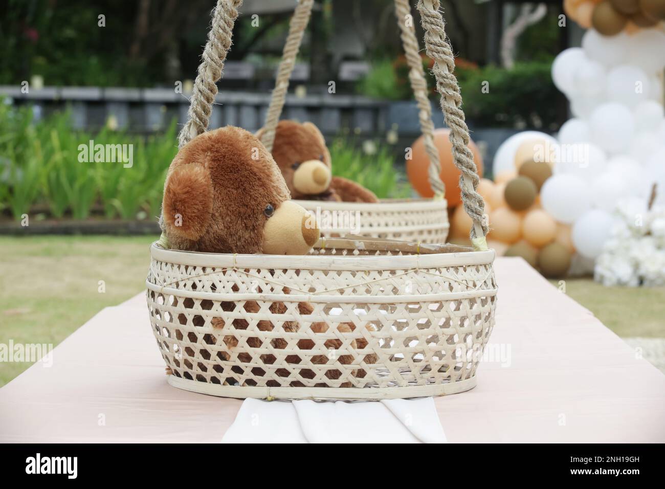 Teddy bear decoration. Creative gender neutral baby shower or birthday decoration in the garden ...