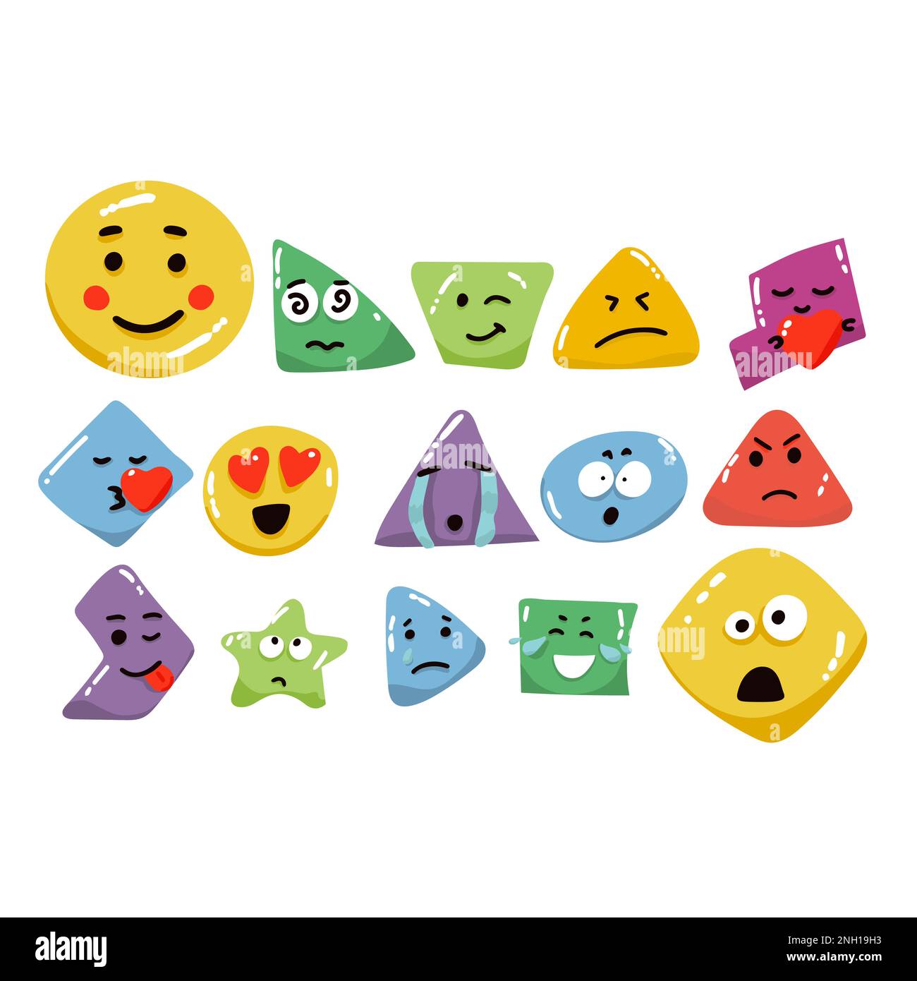 Geometric character shapes with face emotions, different cartoon basic figures. Cute colorful ...