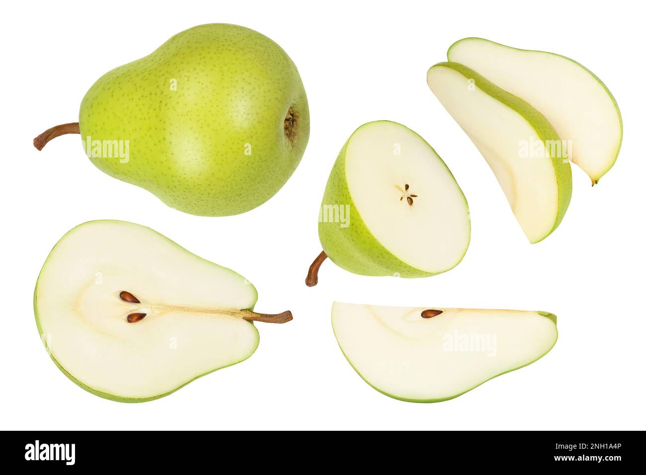 Green pear fruit with half and slices isolated on white background with ...