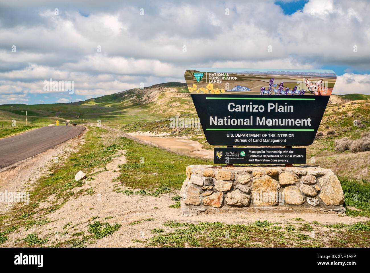 Sign on Soda Lake Road, entrance to Carrizo Plain National Monument ...