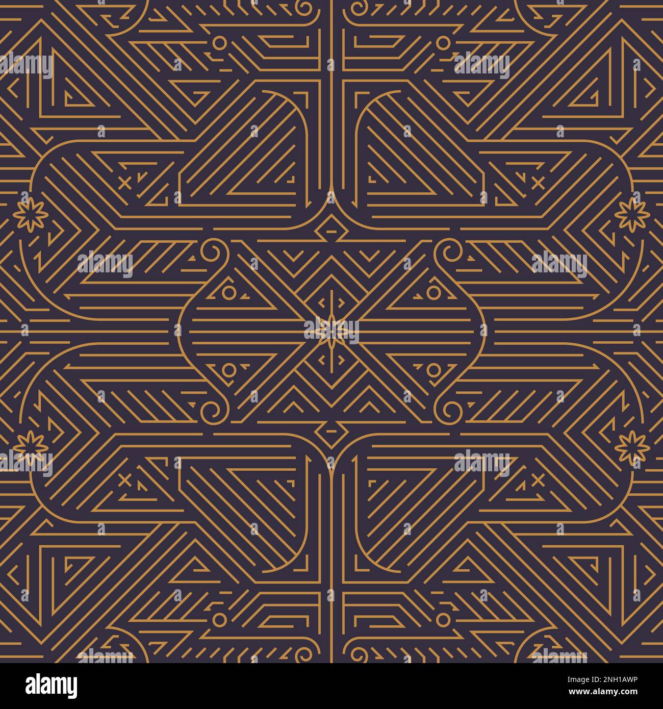 Vector art deco gold black seamless pattern. Geometric line vintage motif with leaves and swirls ...