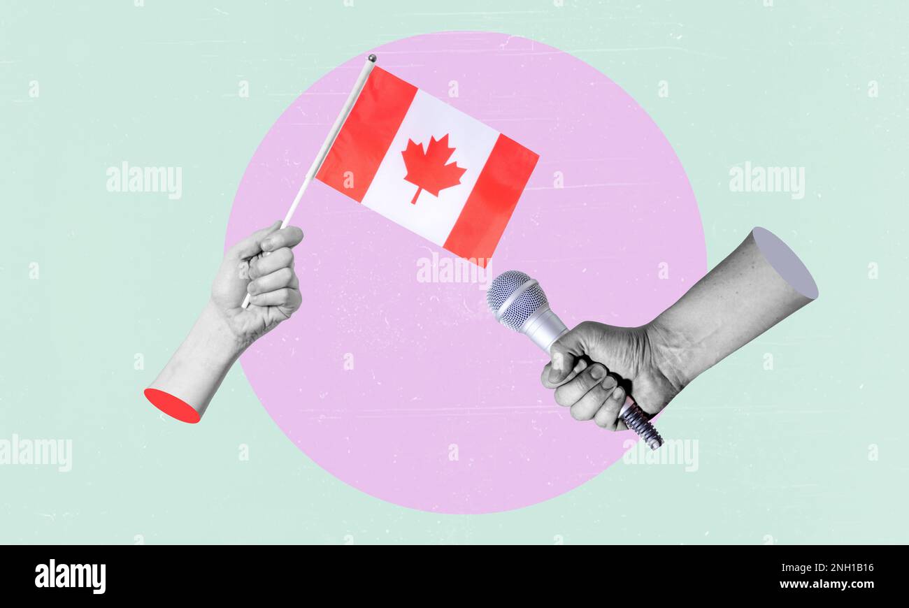 Art collage, collage of a hand holding the Canadian flag, microphone in ...