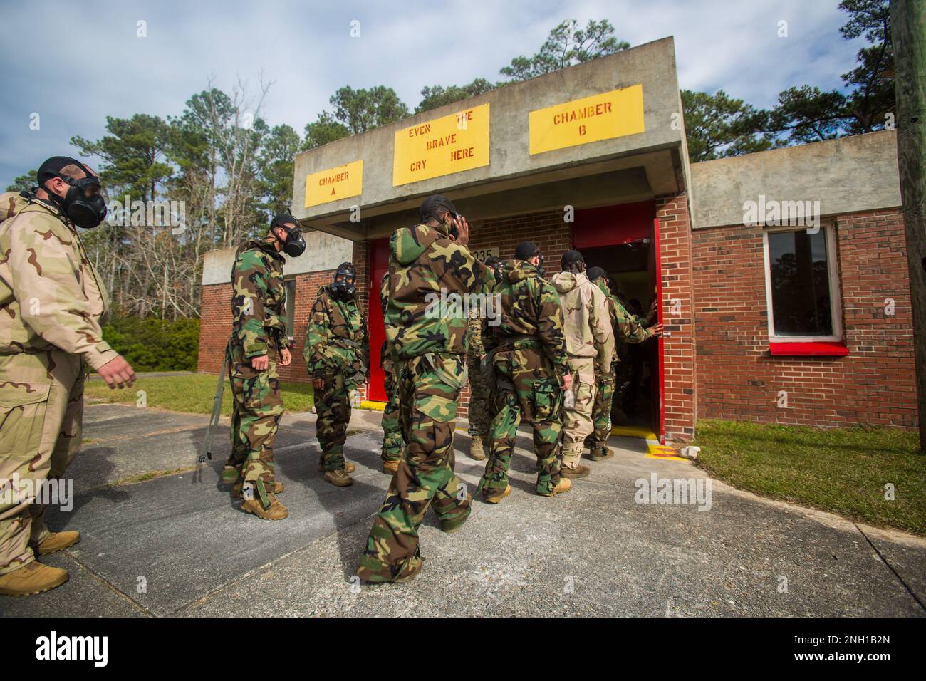 U.S. Marines with 2nd Battalion, 8th Marines, prepare to enter the gas chamber during chemical ...