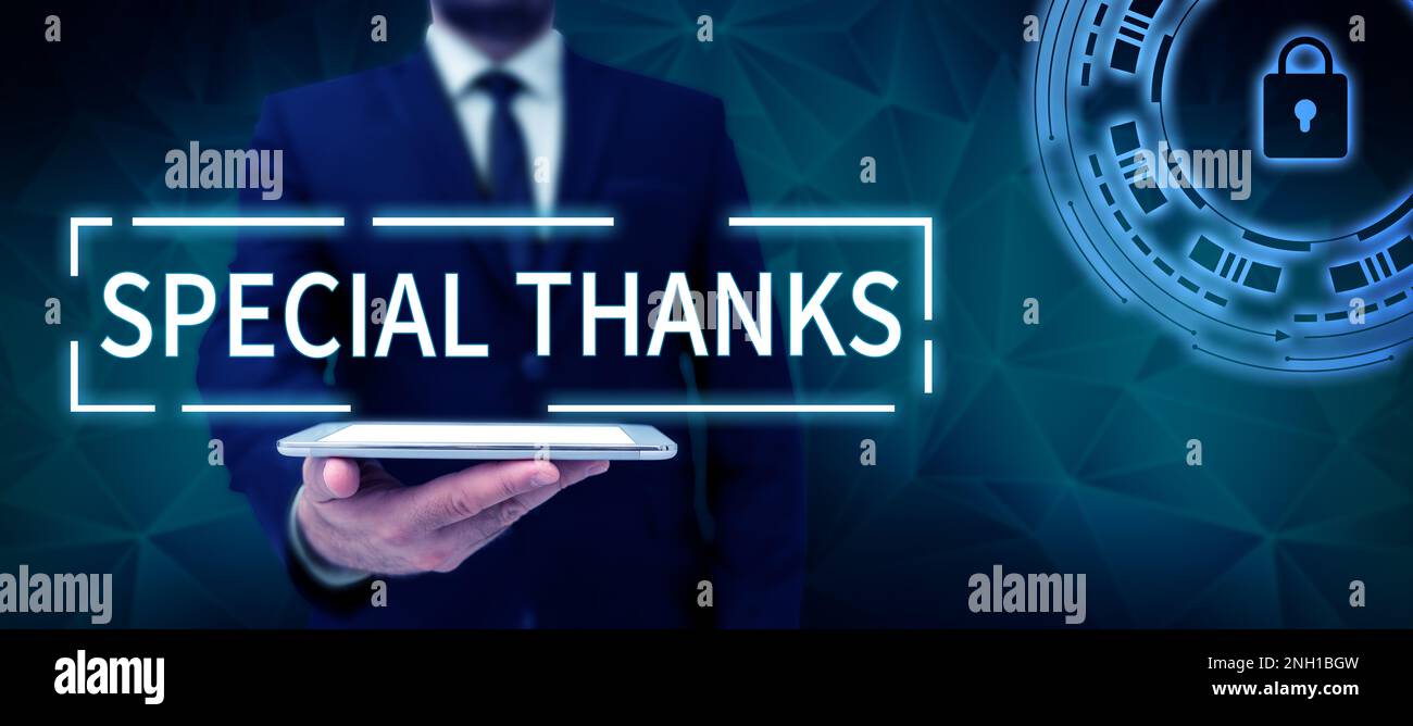 Hand writing sign Special Thanks, Business overview expression of ...