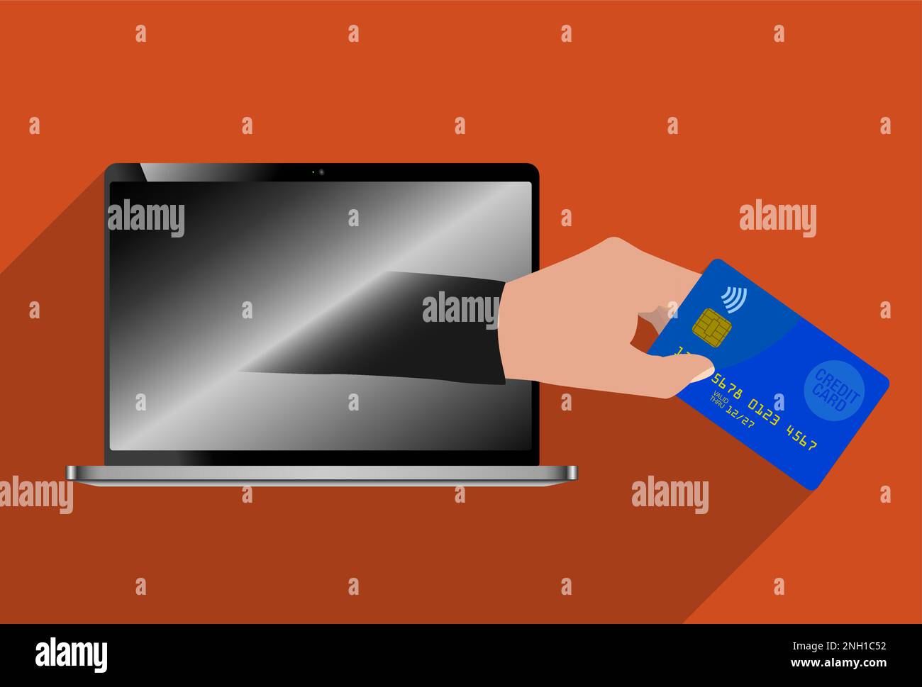 internet fraud and data theft concept, hand coming out of laptop screen stealing credit card ...