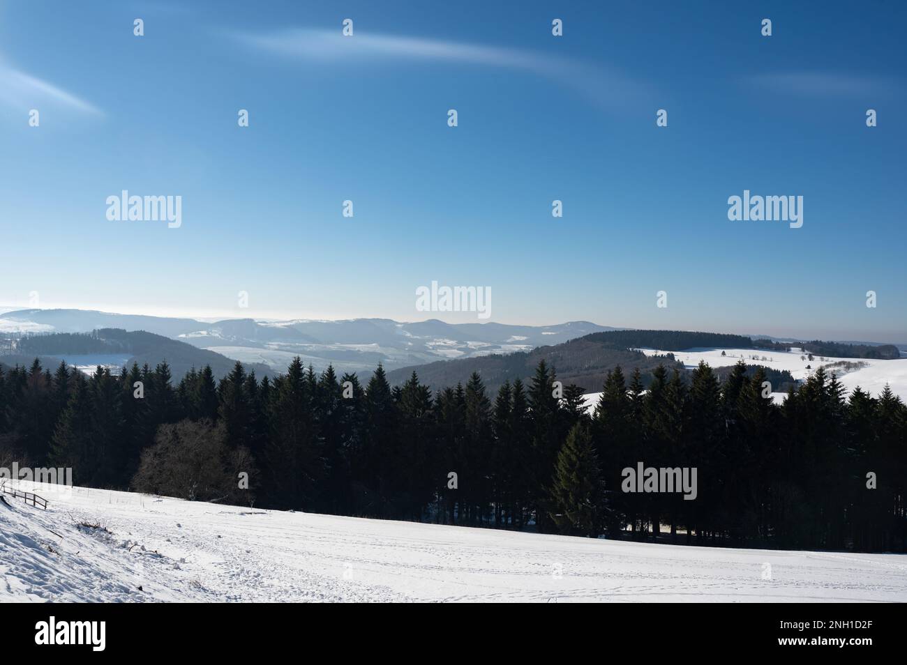 Lots of snow in nature, with trees and blue sky in the high Rhoen ...