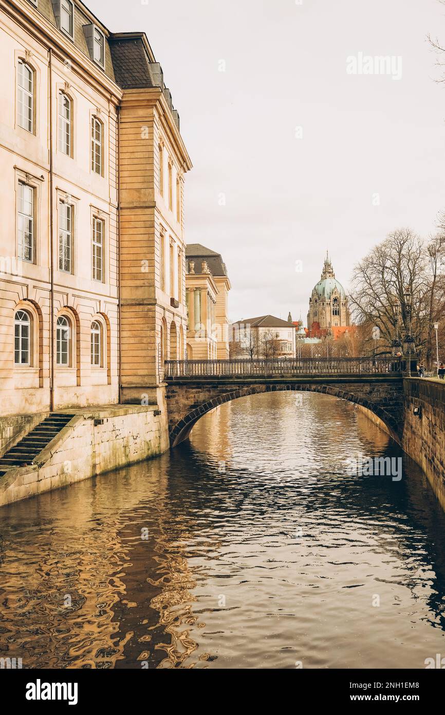 View on historical new town hall in Hannover Germany with Leine river ...