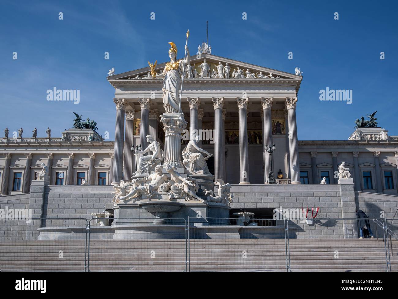 View of the statues at the Austrian Parliament Building in Vienna where ...