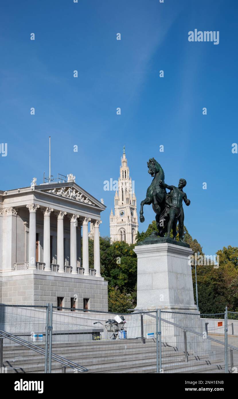 View of the statues at the Austrian Parliament Building in Vienna where ...