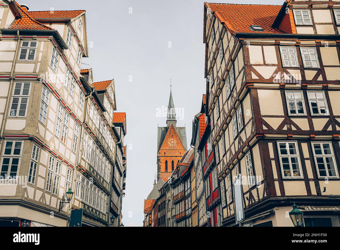 Old town and Marktkirche church in Hannover, Germany. Half-timbered ...