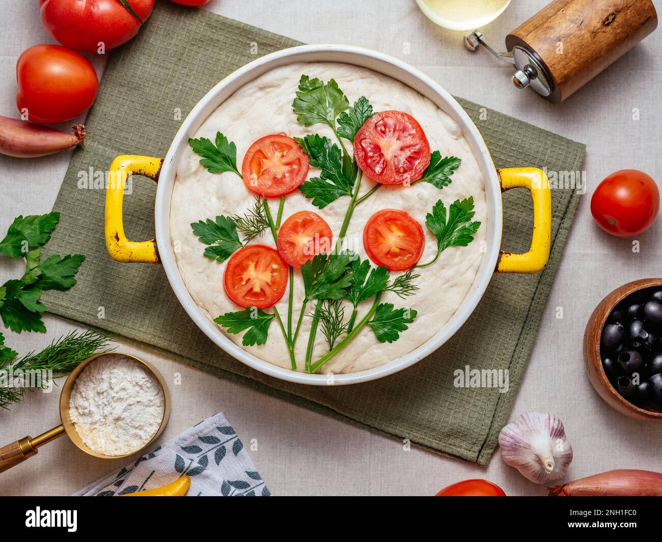 homemade bread in a round shape with vegetables. focaccia art Stock ...