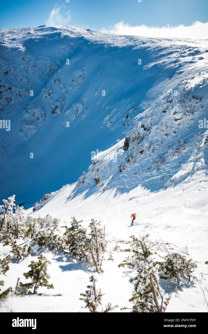 Snowy Tuckerman Ravine with skier descending Right Gully Stock Photo ...