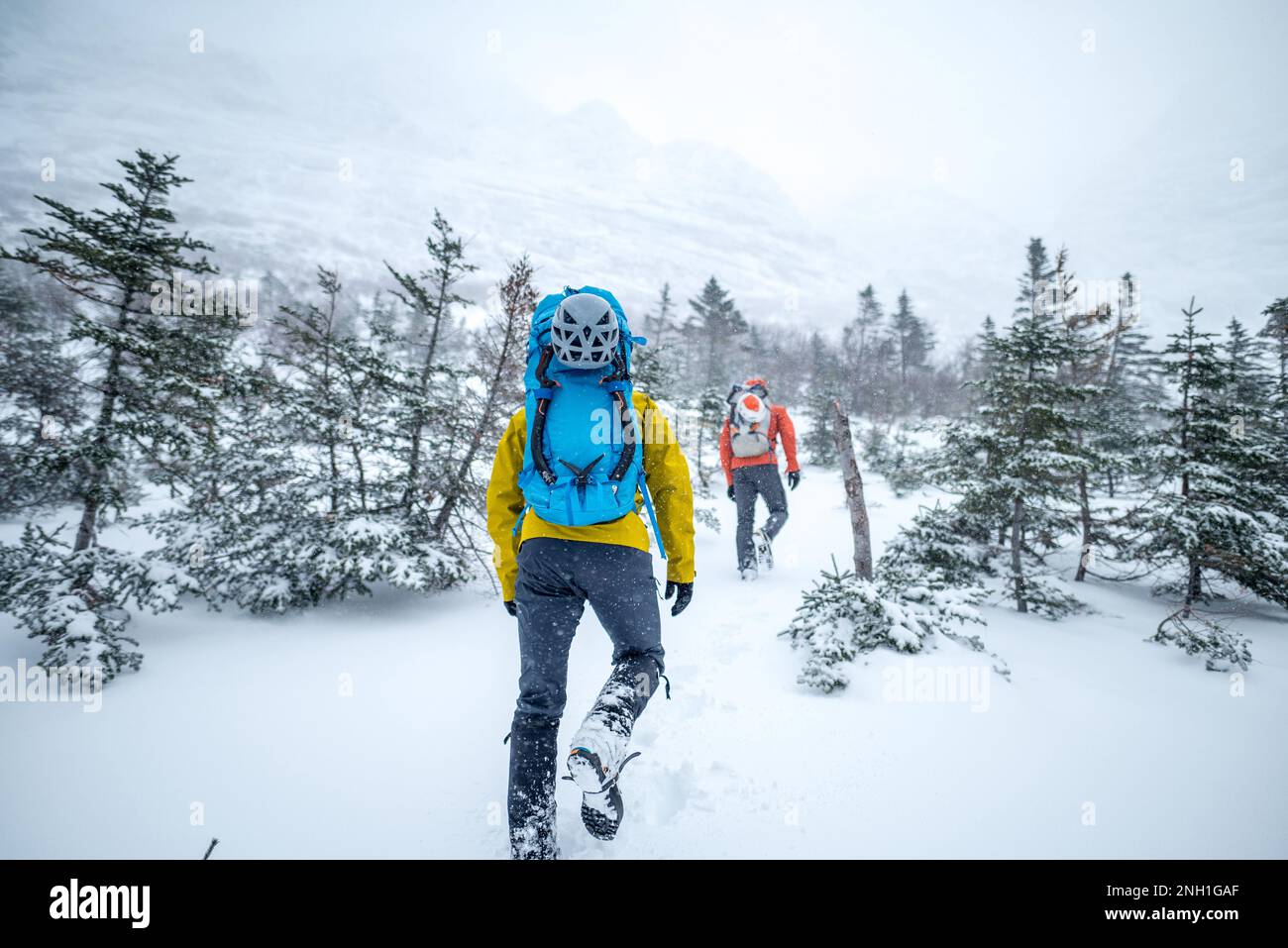 Men with backpacks and climbing gear walking below cliff Stock Photo ...