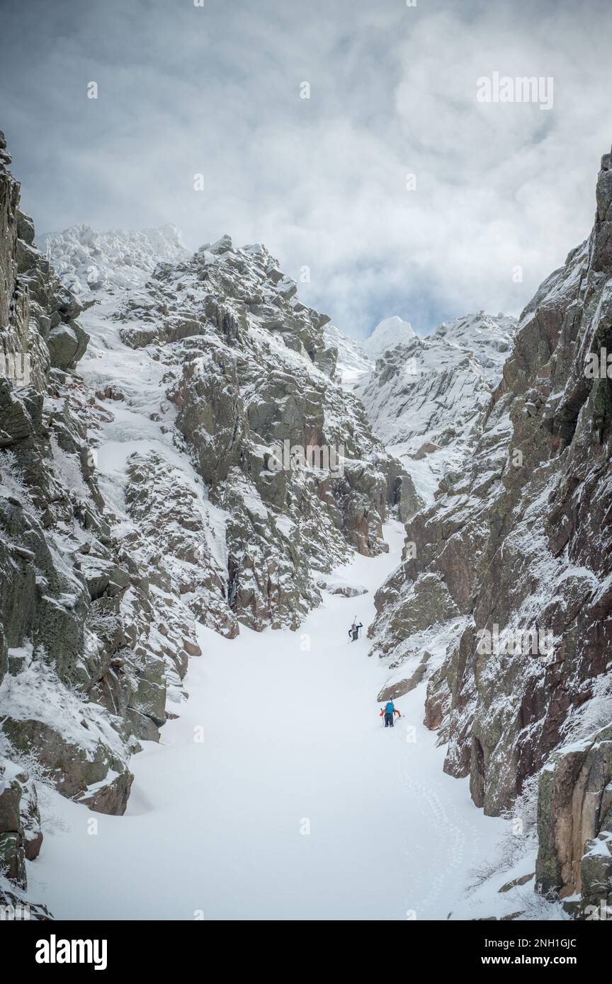Skiers ascending snowy gully while backcountry skiing Stock Photo - Alamy