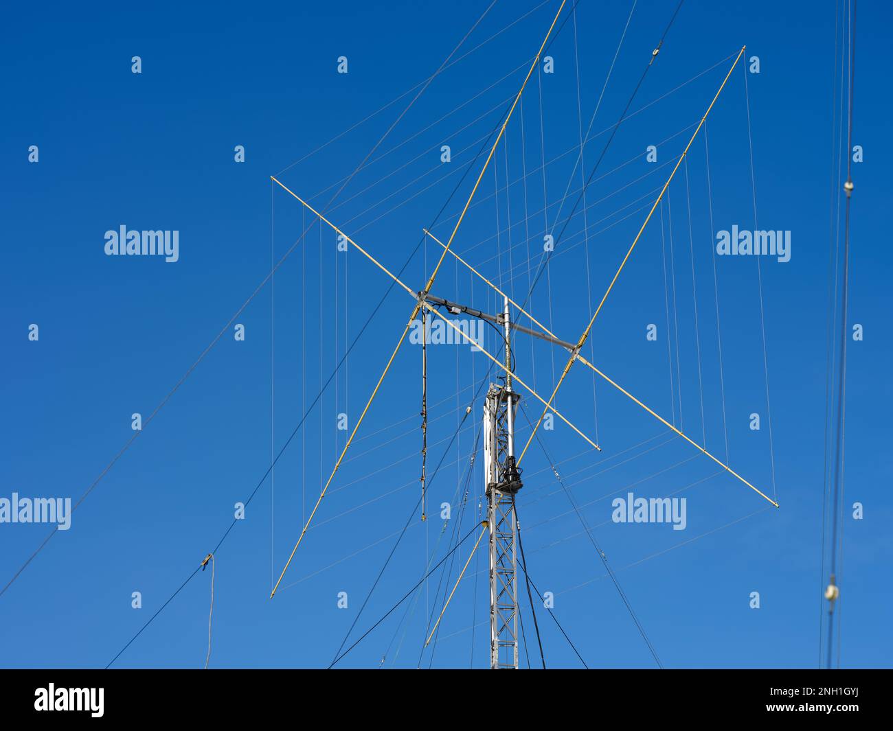 A close-up shot of a ham radio antenna with stay ropes against a blue sky Stock Photo - Alamy