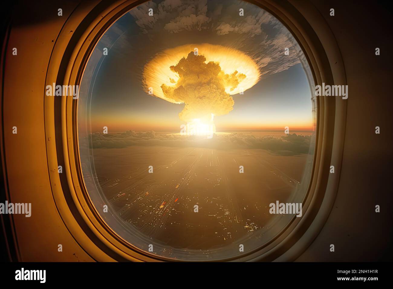 From an airplane window, one can see a nuclear explosion in the distance, forming a mushroom ...