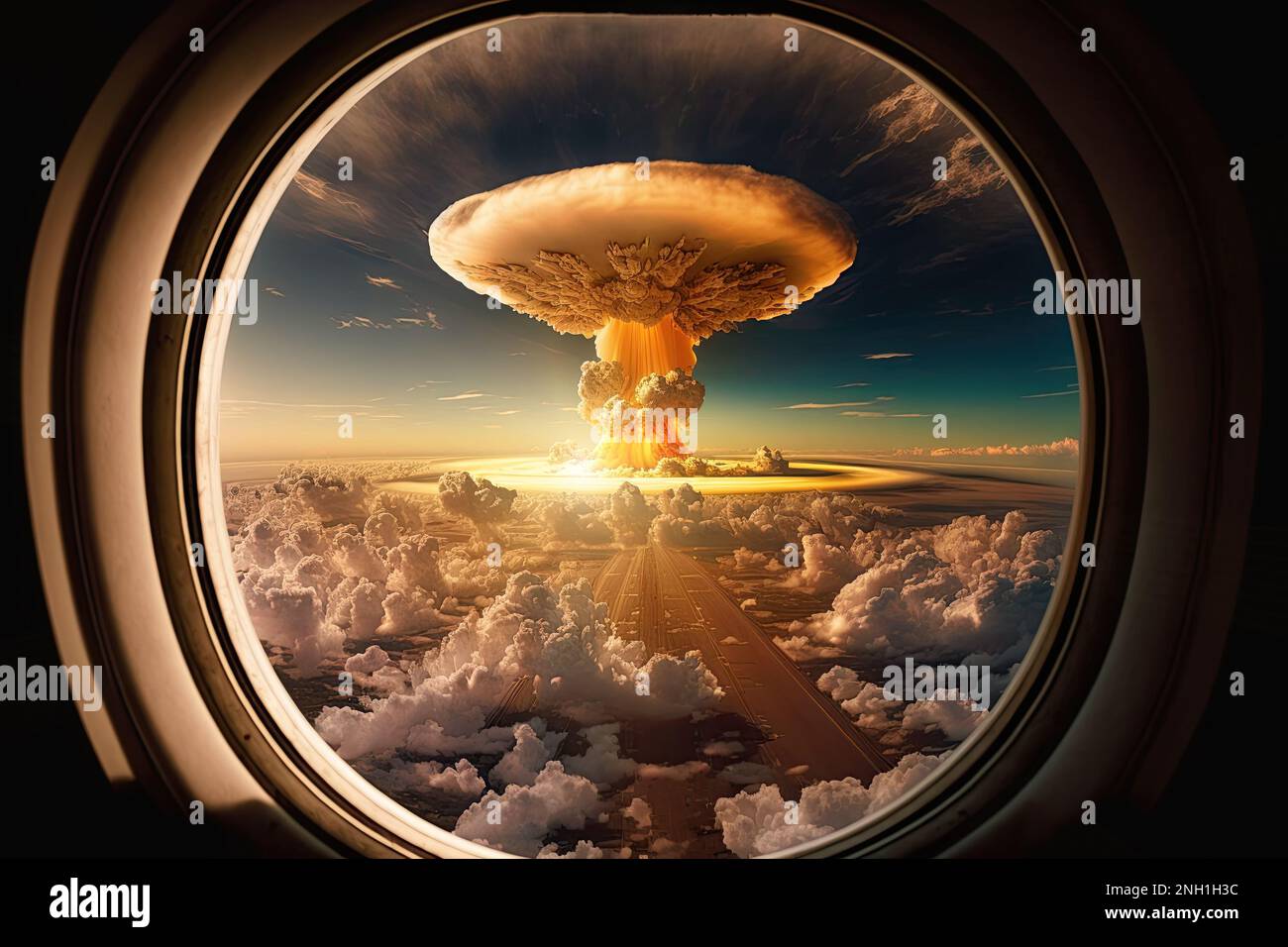 aerial view of a nuclear explosion seen from a porthole of an airplane ...