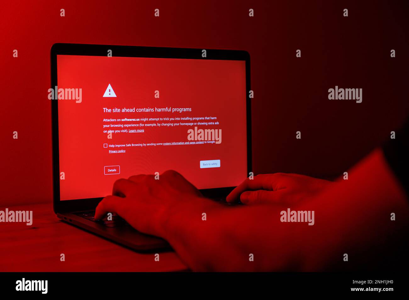 Red screen with malware warning. Visiting fishy websites with viruses ...