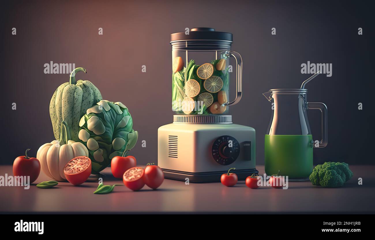 Composition with vegetables, fruits and blender, generative Al Stock ...