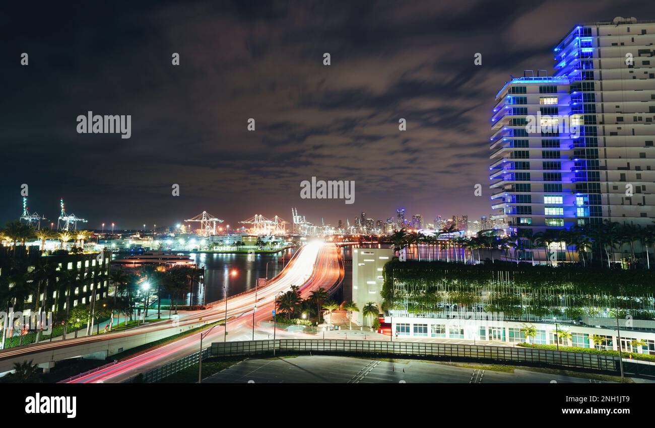 city skyline at night traffic life in miami Florida Stock Photo - Alamy