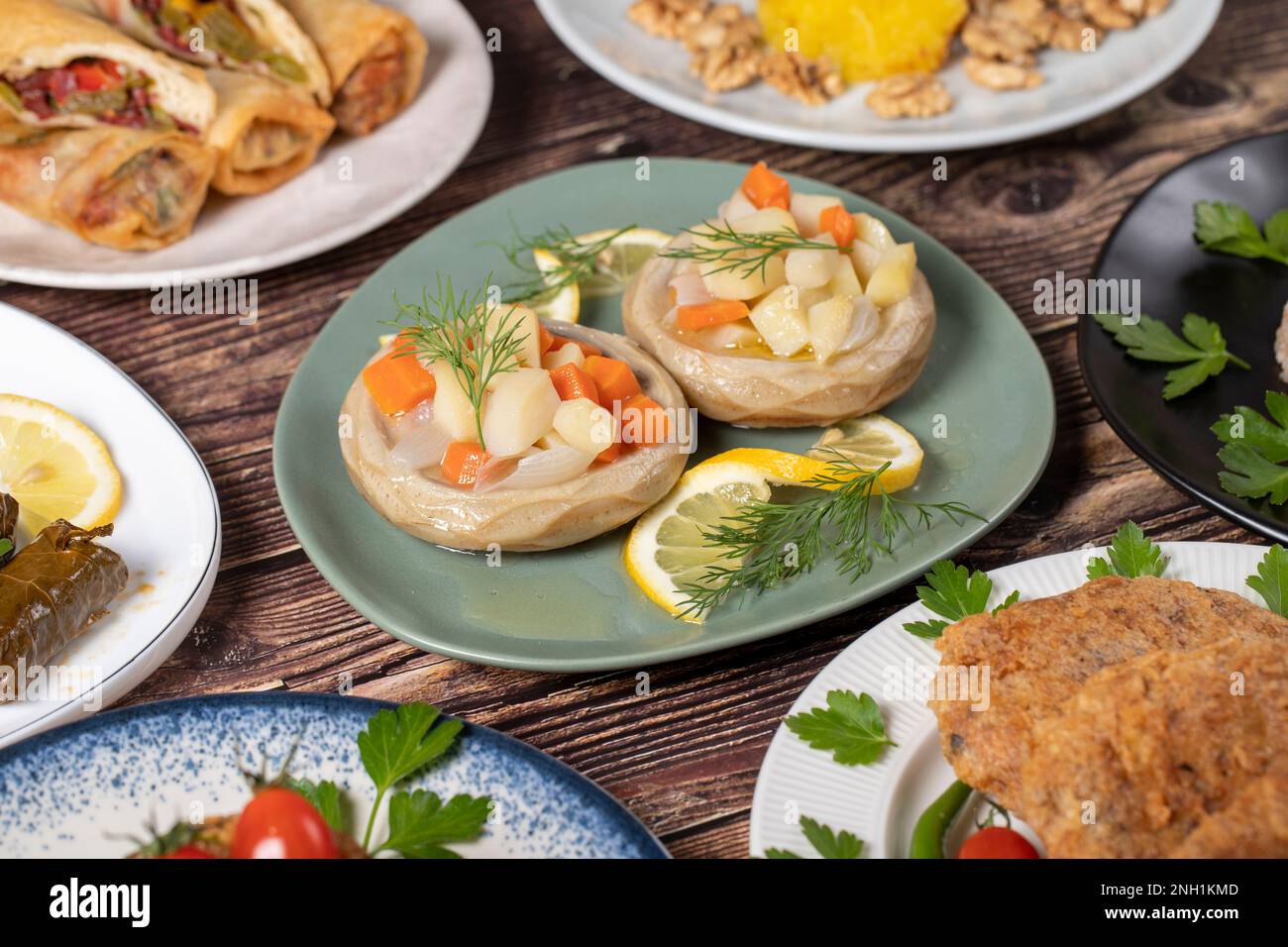 Ramadan table. Turkish food on wooden background. Iftar and sahur ...