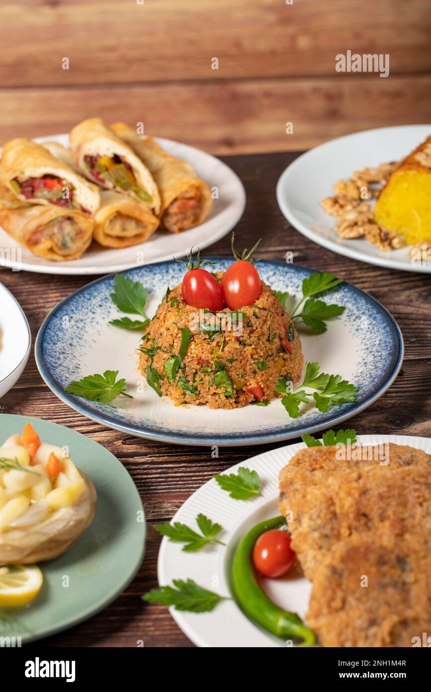 Ramadan table. Turkish food on wooden background. Iftar and sahur ...