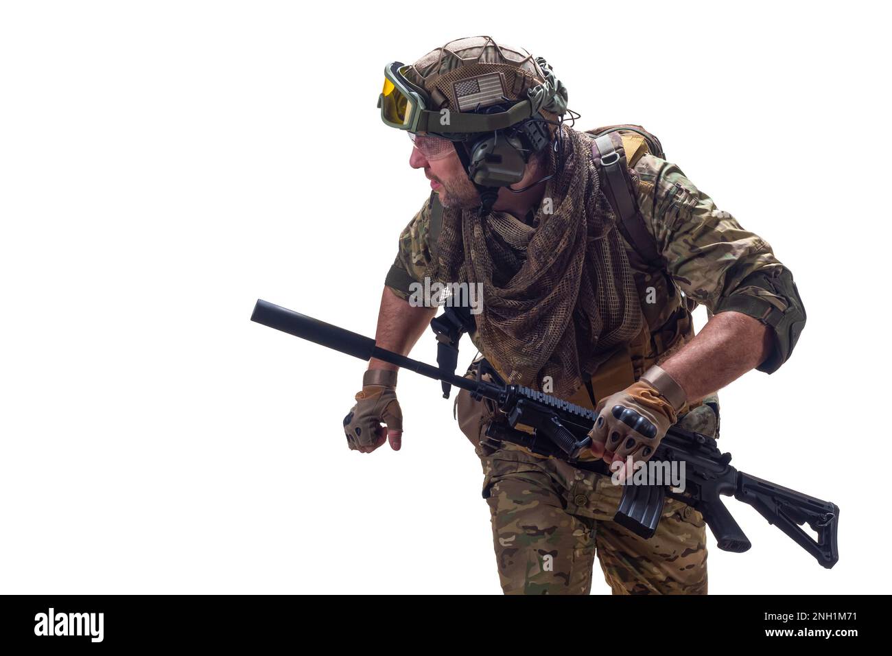 A professional mercenary soldier leaving and looking back. Isolated on ...