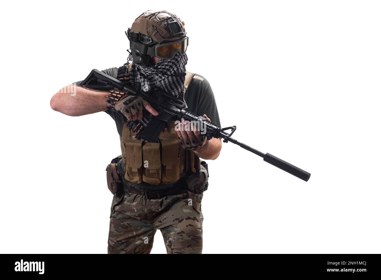 Cropped photo mercenary soldier with an automatic rifle in his hand ...