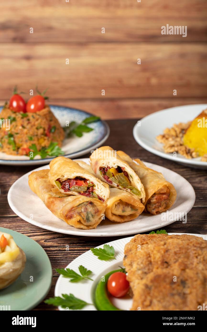 Ramadan table. Turkish food on wooden background. Iftar and sahur ...