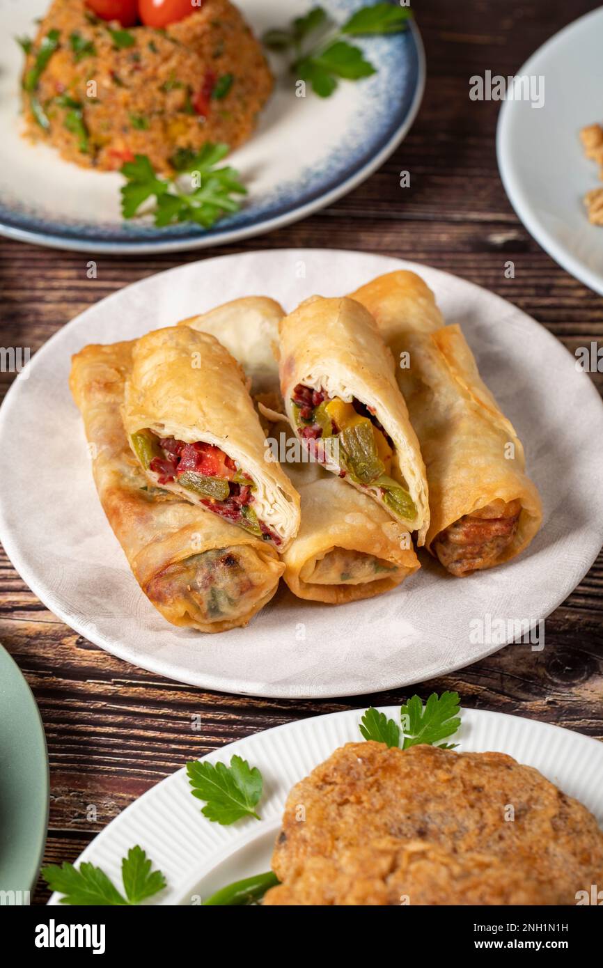 Ramadan table. Turkish food on wooden background. Iftar and sahur ...