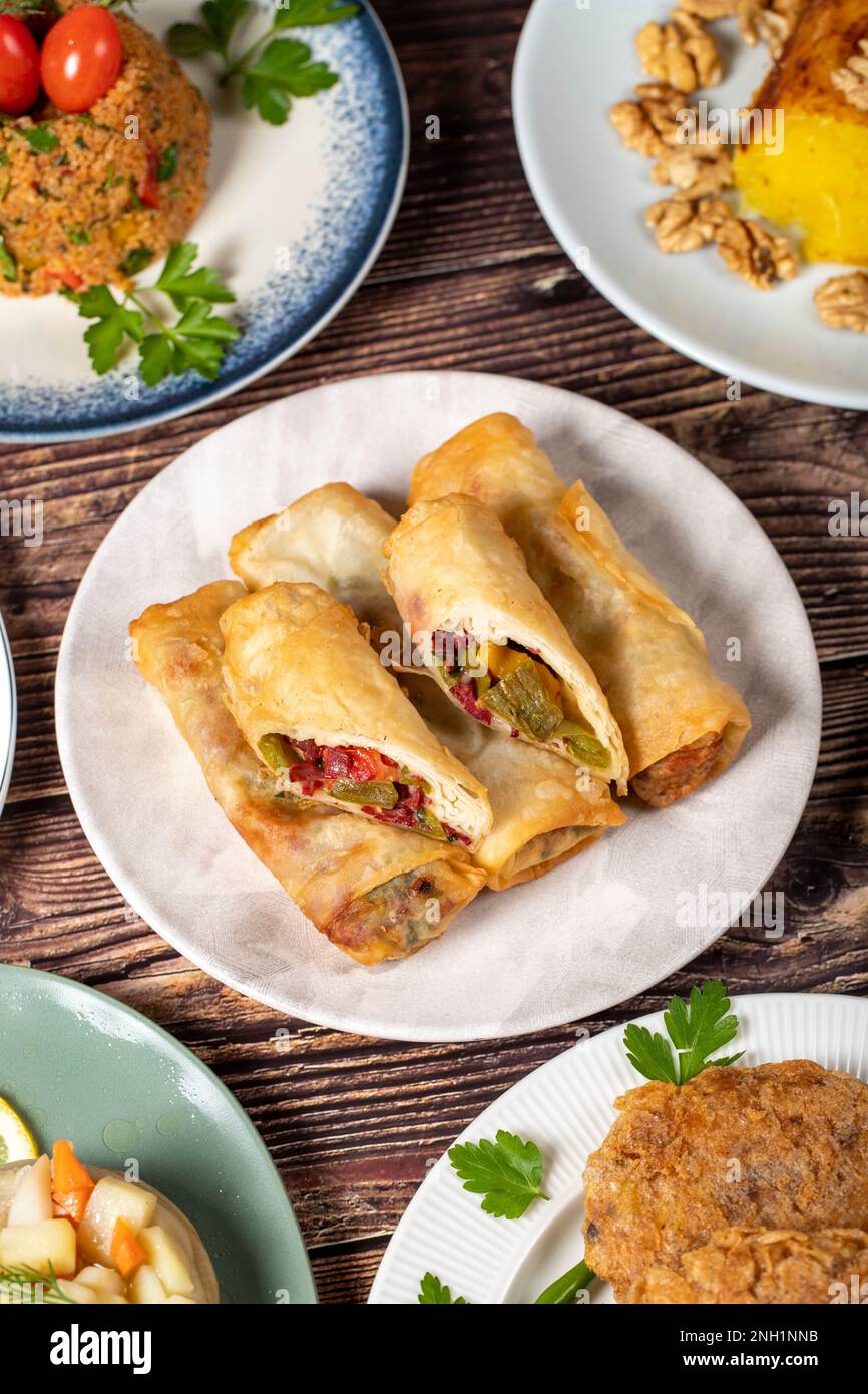 Ramadan table. Turkish food on wooden background. Iftar and sahur ...