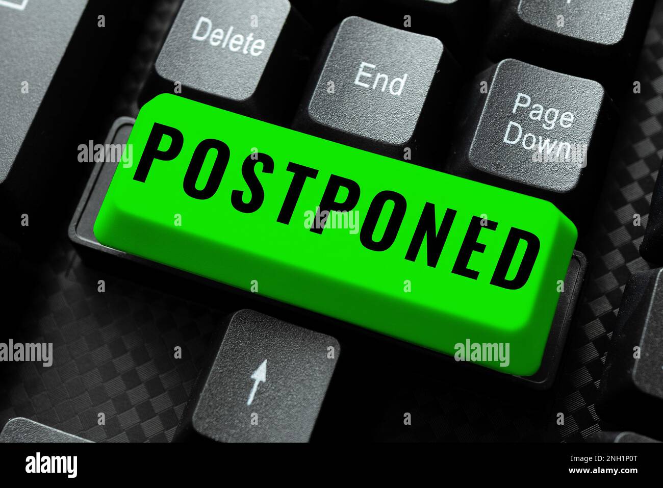 Hand writing sign Postponed. Business approach to place later in order ...
