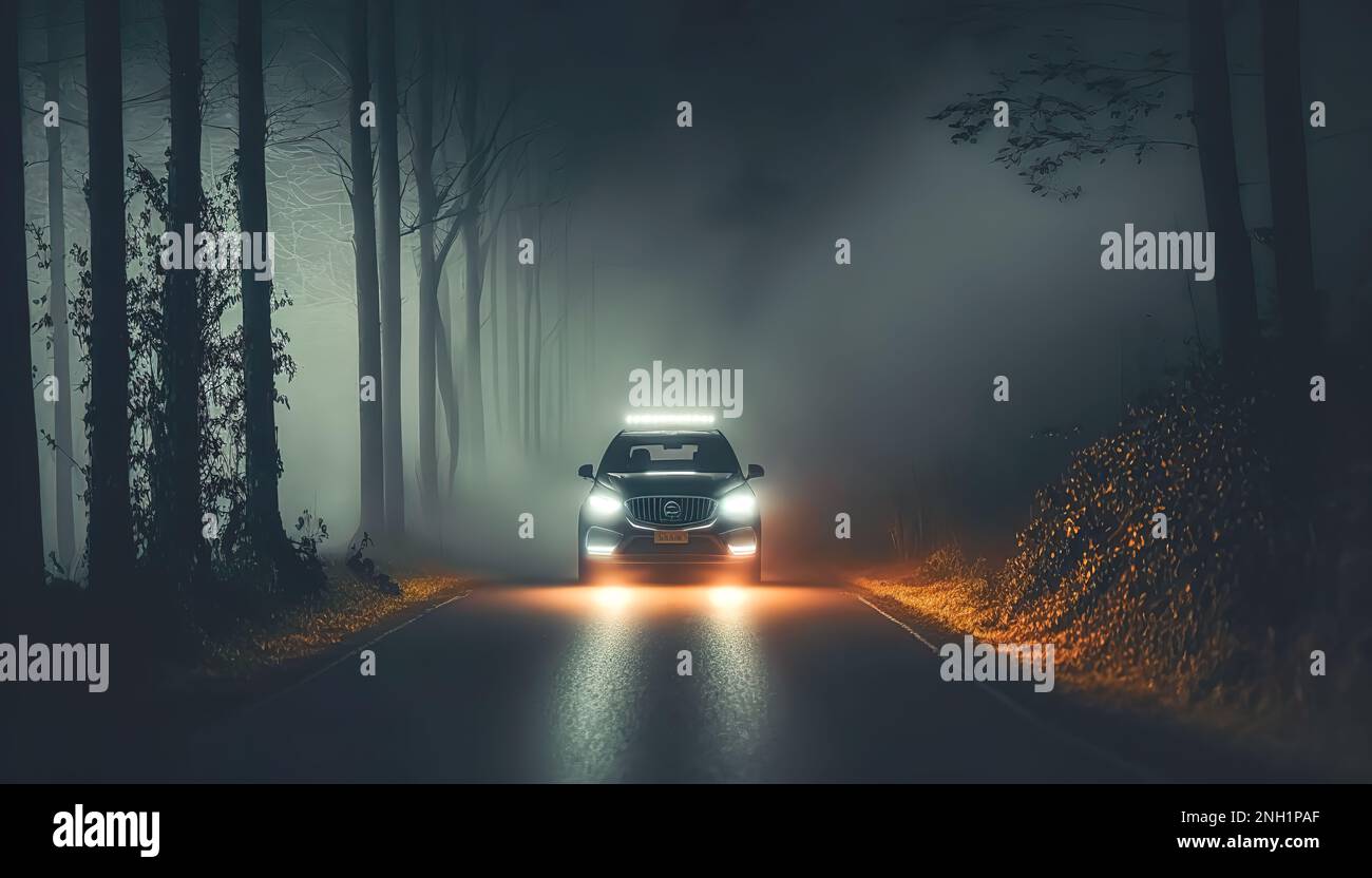 The car is driving on the road at night in the forest Stock Photo - Alamy