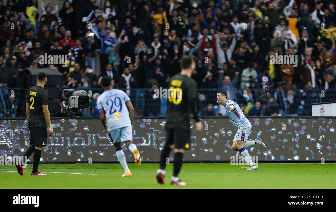 Cristiano Ronaldo celebrates after scoring his first goal in Saudi ...