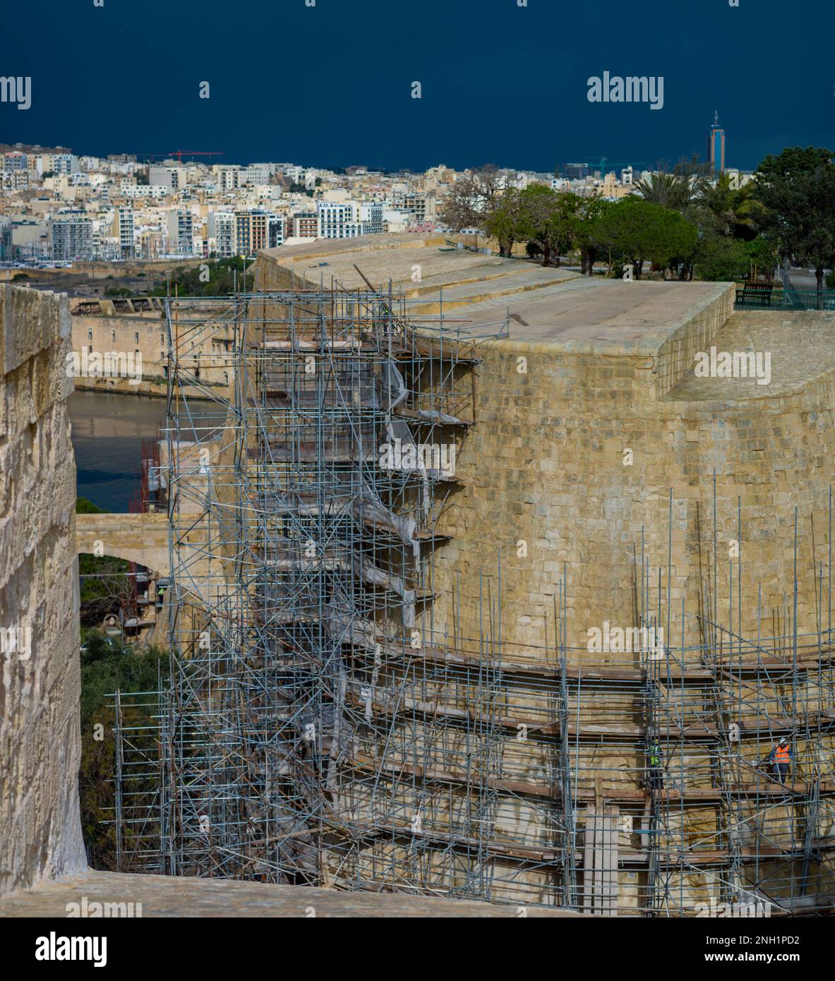 Scaffolding construction on the city walls of Valletta, Malta Stock ...